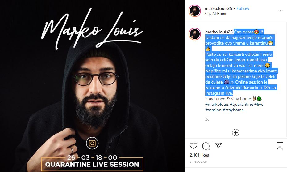 Marko Luis 26. marta svira karantinski onlajn koncert