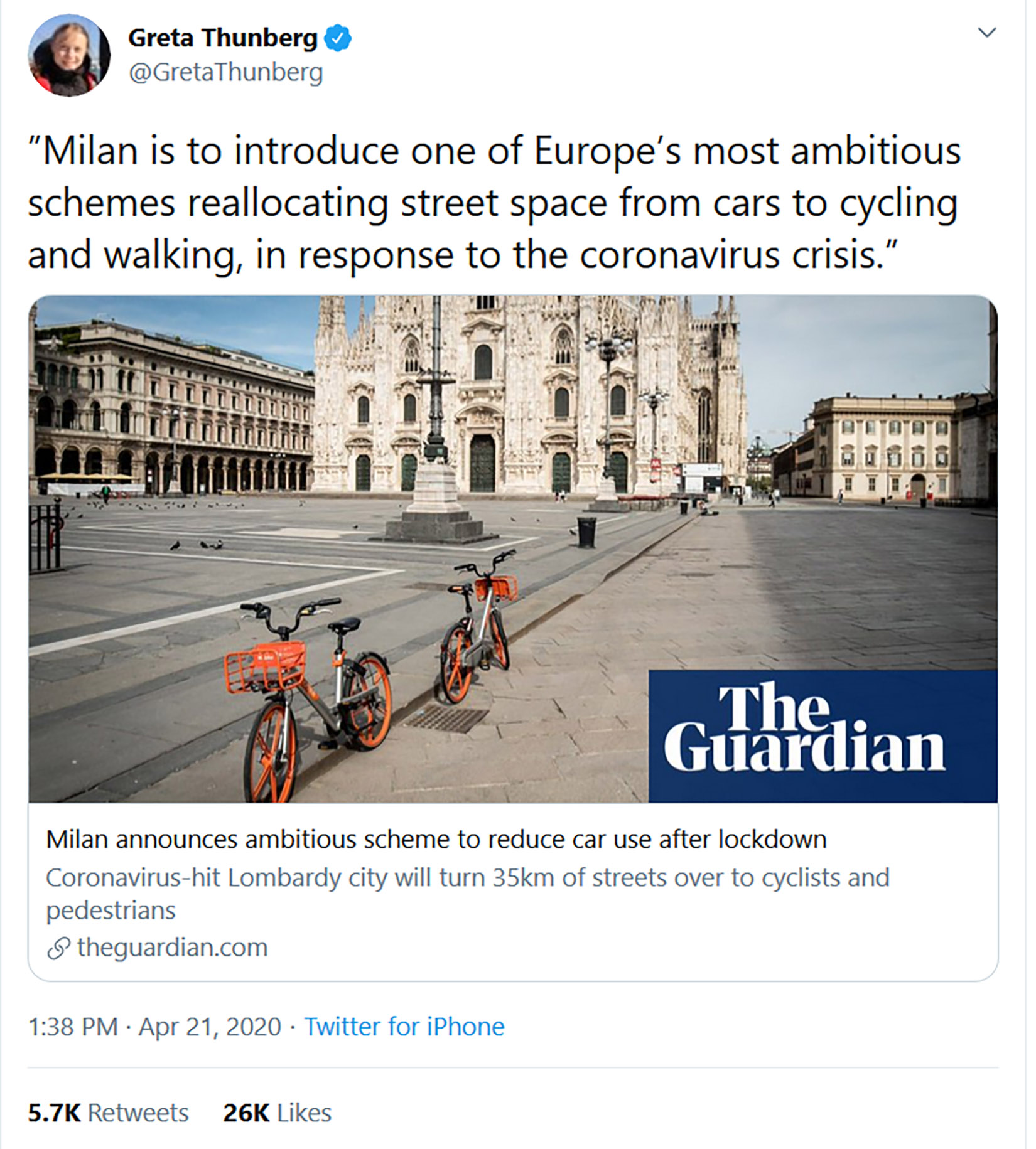 Greta Tunberg oduševljena projektom za Milano posle karatina