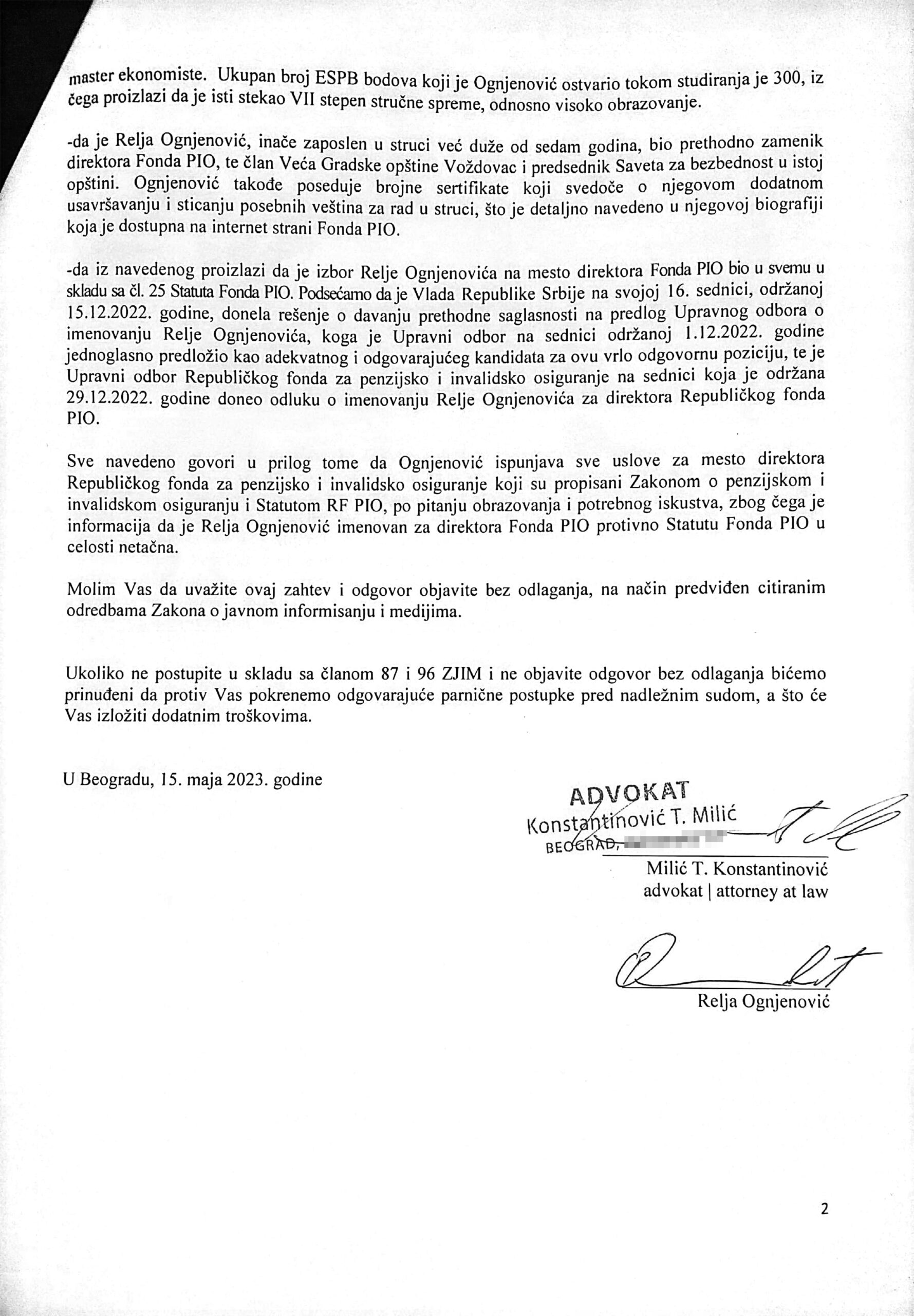 Direktor PIO fonda Relja Ognjenović reagovao na tekst na portalu Nova.rs
