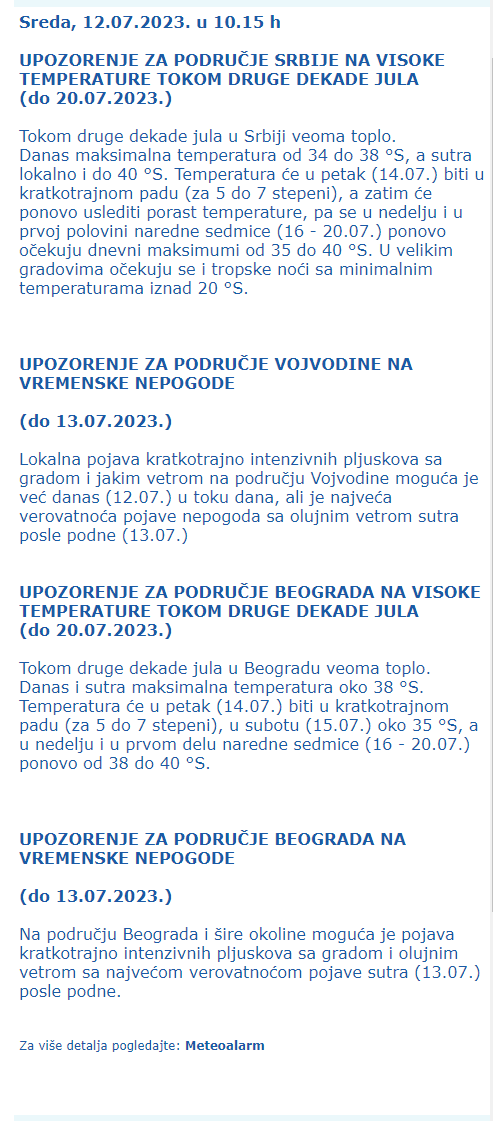 RHMZ objavljuje upozorenja za vremenske nepogode, u ovom kraju kreću već u naredna dva sata
