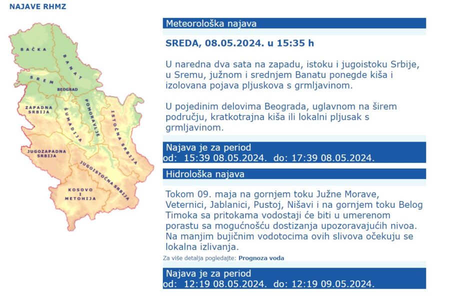 RHMZ izbacio novu najavu: Neka se spremi i Beograd