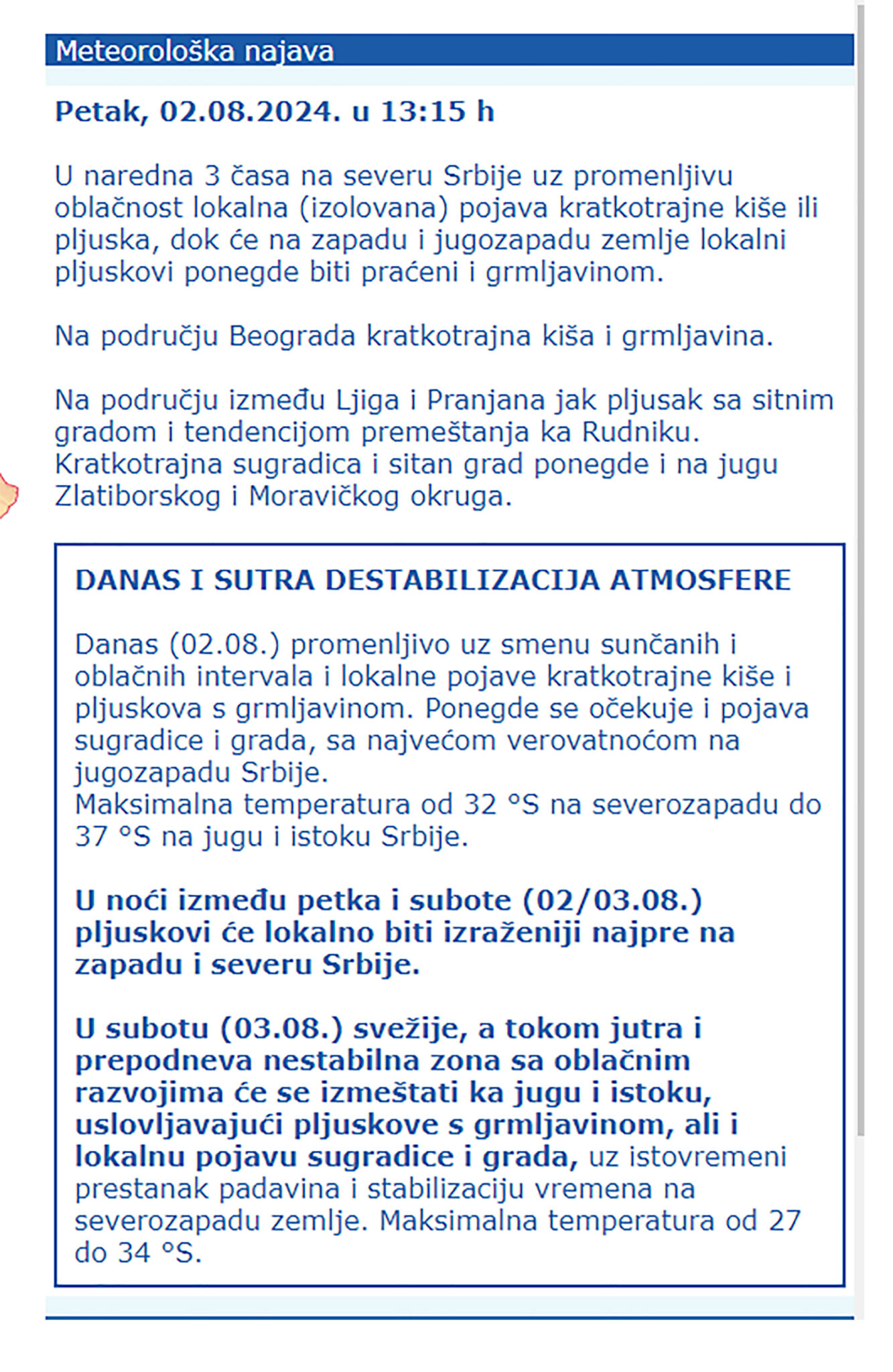 RHMZ: Pljuskovi s grmljavinom, sugradica i grad u naredna tri sata - neka se spremi Beograd, ali ...