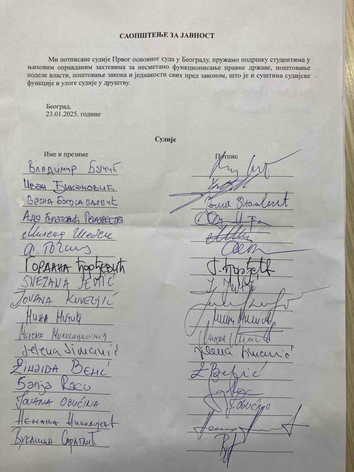 22 sudija Prvog osnovnog suda u Beogradu podržalo studente