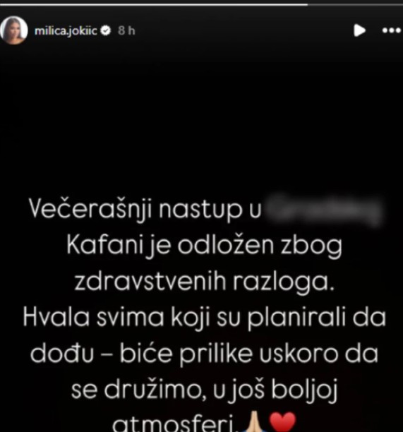 Milica Jokić otkazala nastup zbog zdravstvenog stanja